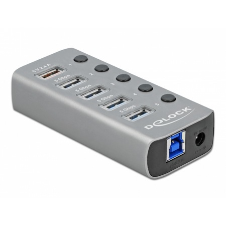 Hub Delock USB 3.2 Gen 1 cu 4 porturi + 1 Fast Charging Port cu Switch ...