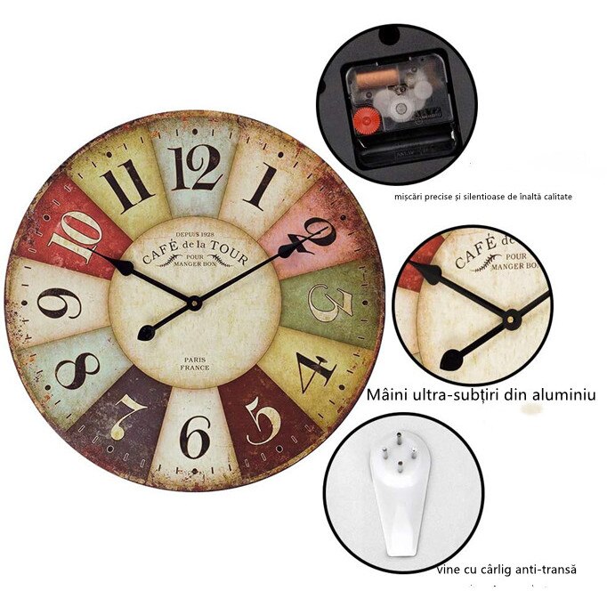 Ceas de perete rustic, Swissant, MDF, Cifre arabe, 30 cm, Multicolor ...