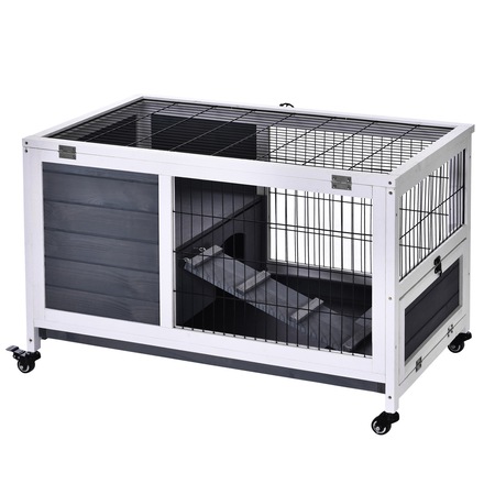 Cusca pentru iepuri, PawHut, Cu 4 roti si rampa, Lemn, 90X53X59 cm, Gri ...