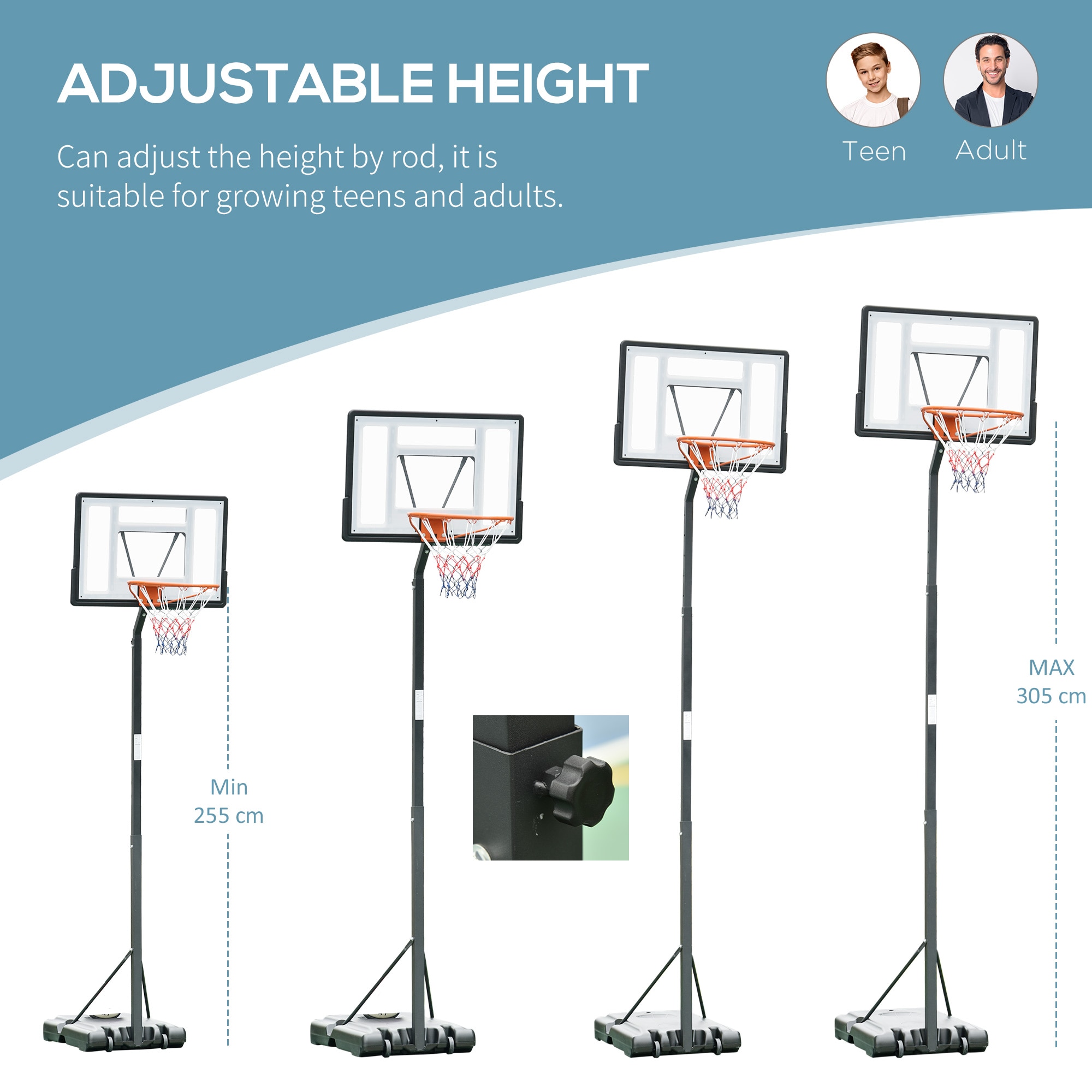 Cos de baschet, Homcom, Reglabil pe inaltime, 255-305 cm,Negru - eMAG.ro