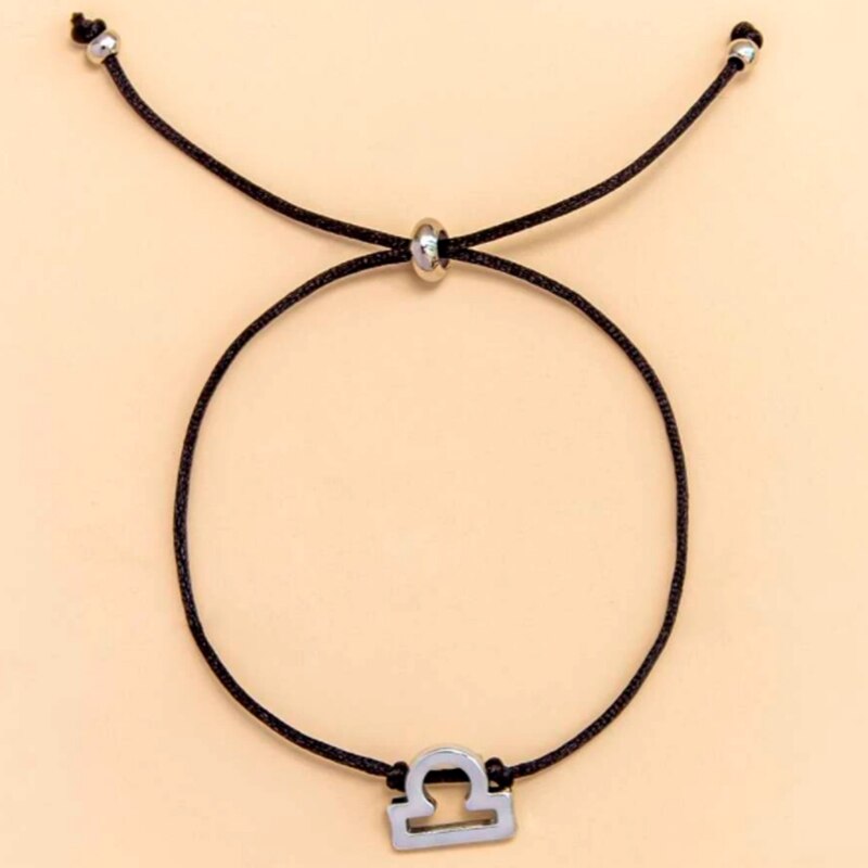 Bratara semn zodiac balanta argintiu, creata manual, neagra, unisex ...