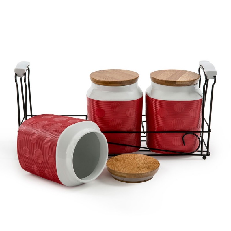 Set de 3 borcane pentru condimente, cu capac din bambus, 14.5cm, rosu ...