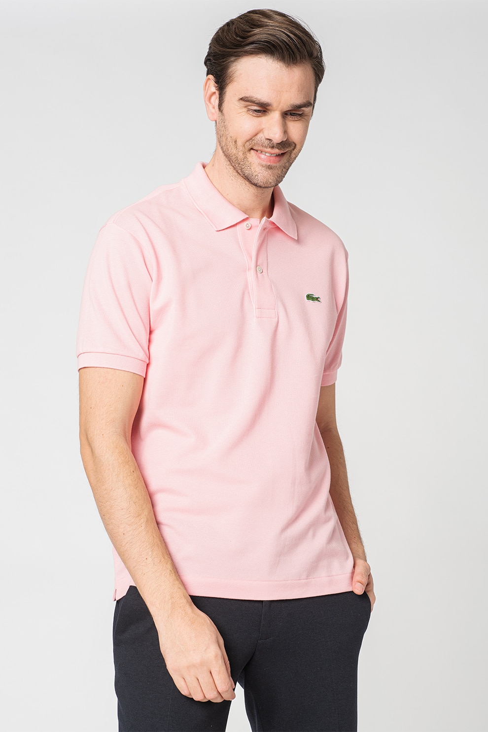 Lacoste, Tricou polo din pique cu logo mic brodat, Roz deschis, 9 - eMAG.ro