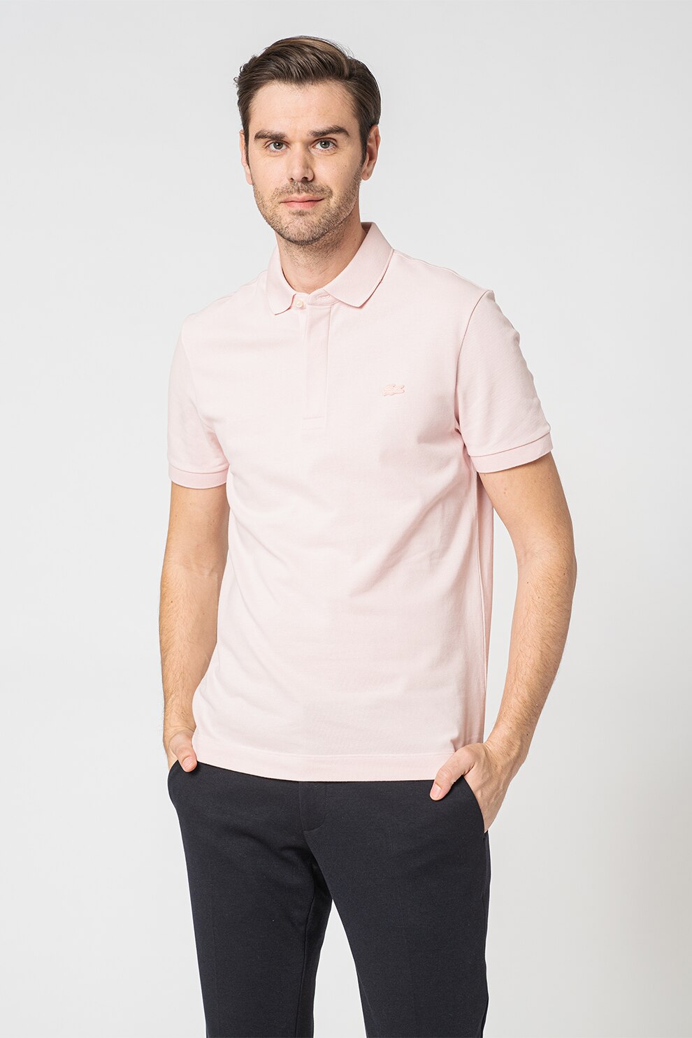 Lacoste, Tricou polo regular fit cu logo discret, Roz pastel, 4 - eMAG.ro