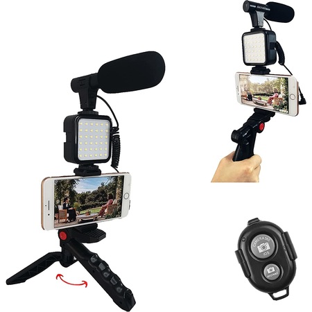 Комплект за vlogging, Статив с микрофон, Държач за телефон, led ...