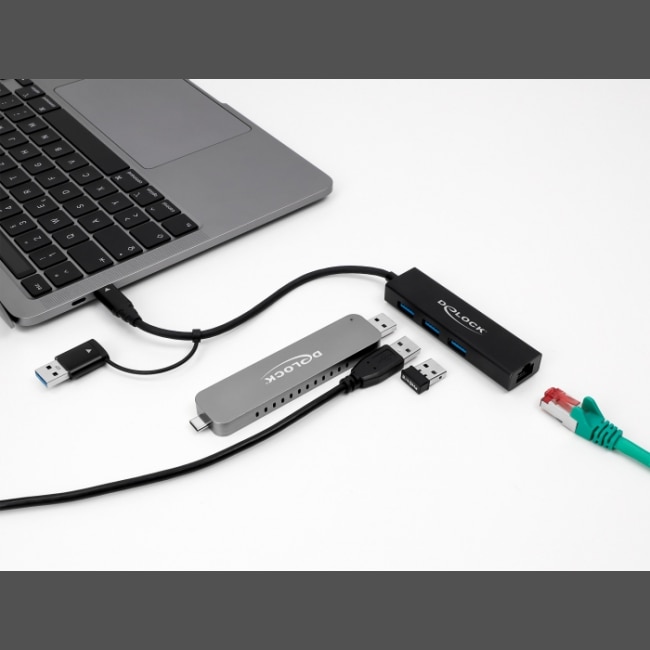 Hub cu 3 porturi Delock USB 3.2 Gen 1 Hub, Gigabit LAN cu USB Type-C ...