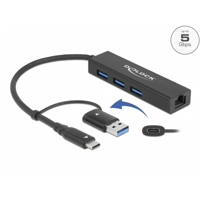 Hub cu 3 porturi Delock USB 3.2 Gen 1 Hub, Gigabit LAN cu USB Type-C ...