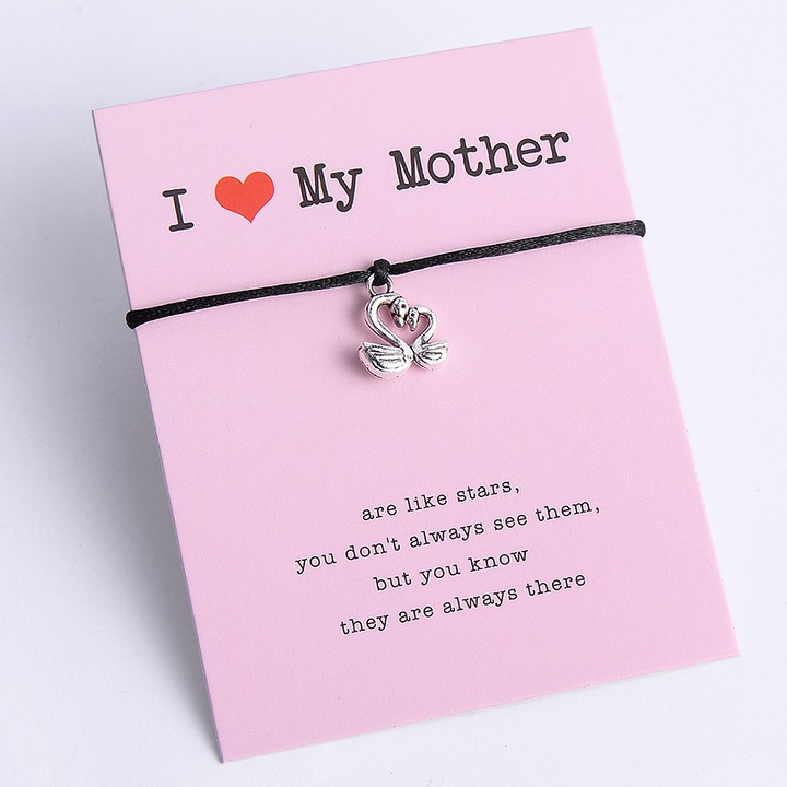 Bratara de ziua mamei, pandantiv lebada argintiu, reglabile, din sfoara ...