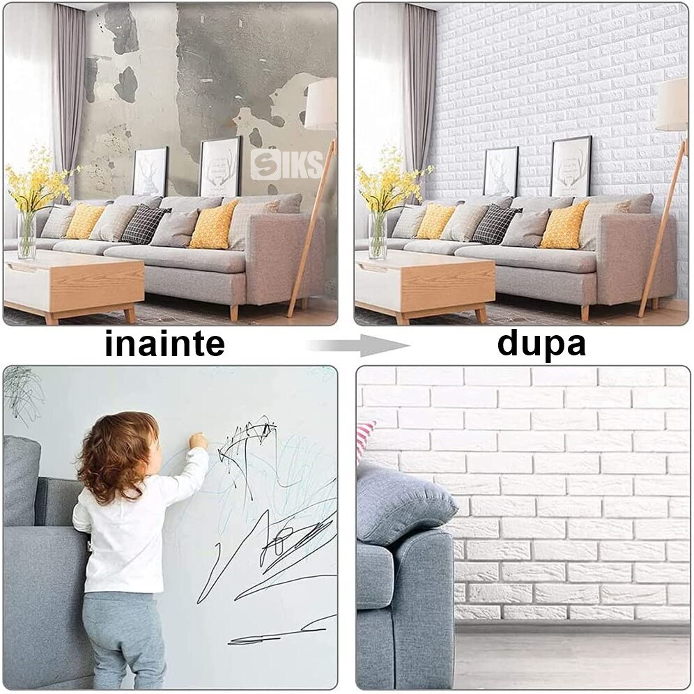 Tapet 3D Autoadeziv SIKS®, model caramida in relief, alb, design modern ...