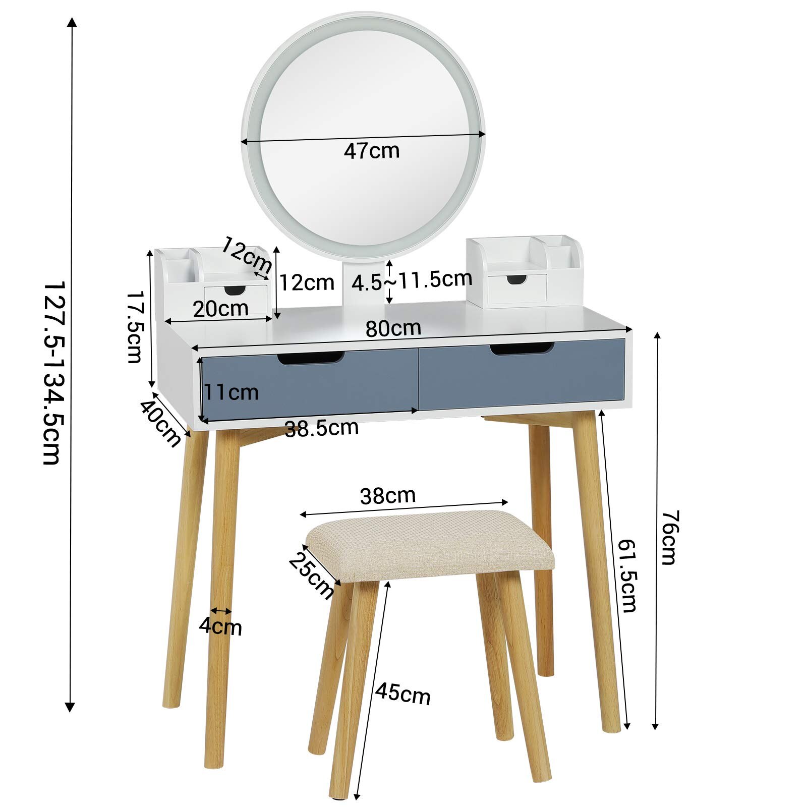 Set masuta de toaleta cu taburet, Tiptiper, MDF, Cu oglinda, LED, 2 ...
