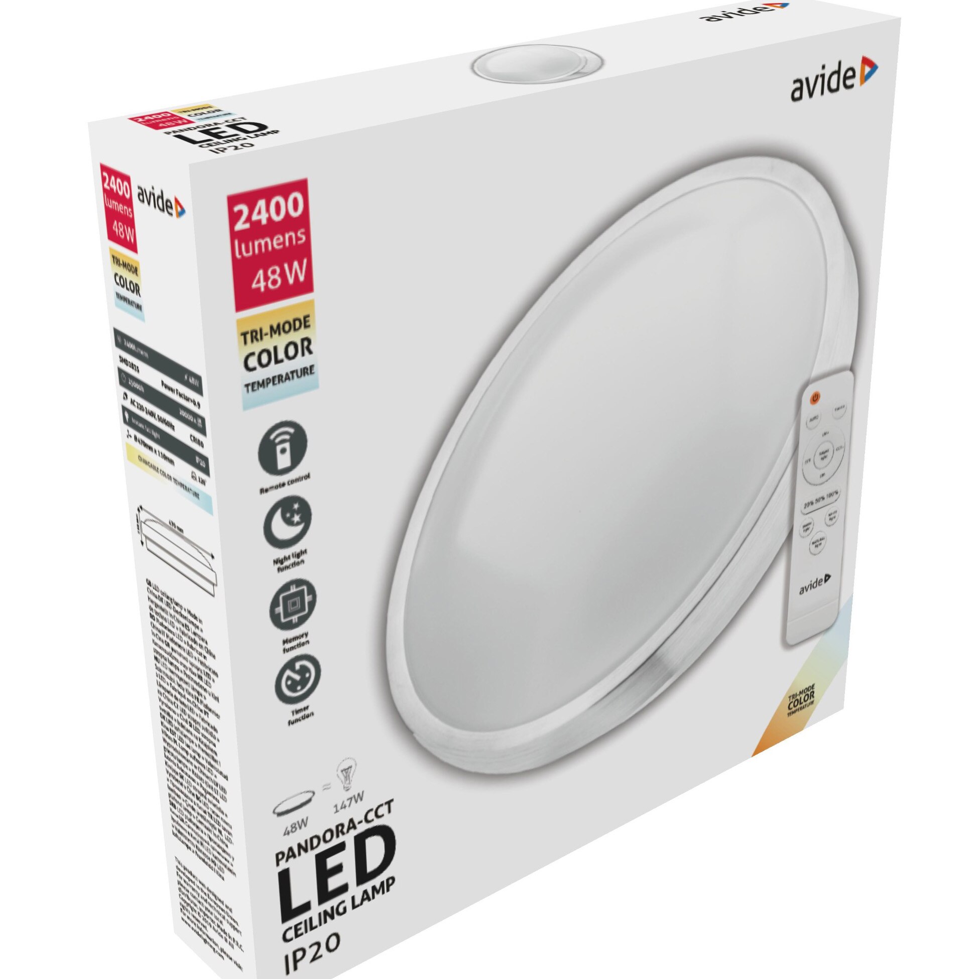 Plafoniera LED Avide Pandora, cu telecomanda, dimabil, 48W (147W), 2400 ...