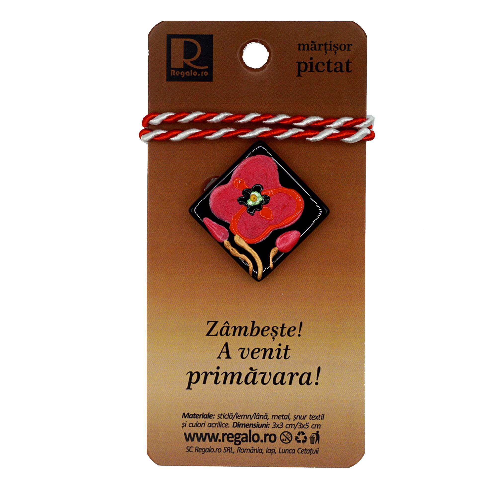 Martisor brosa handmade, pictat pe sticla, Regalo - Mac rosu elegant, 2 ...