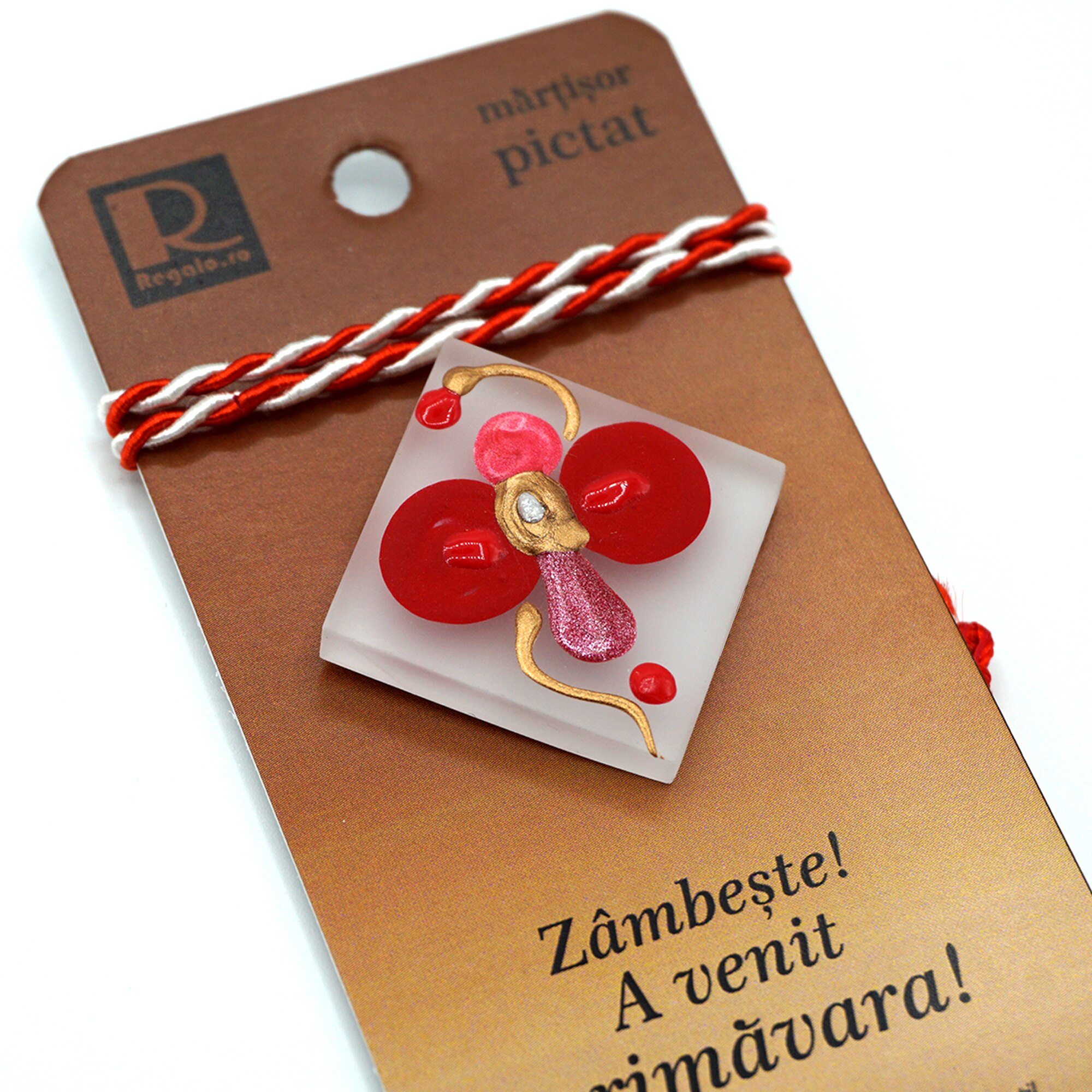 Martisor brosa handmade, pictat pe sticla, Regalo - Orhidee rosie, 3 cm ...