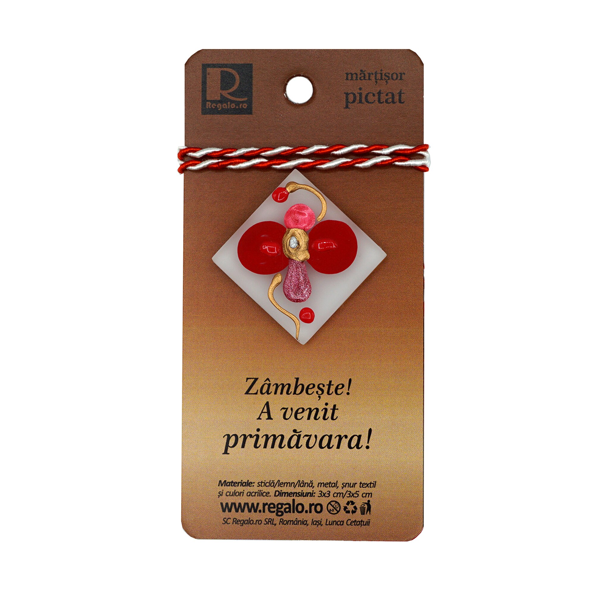 Martisor brosa handmade, pictat pe sticla, Regalo - Orhidee rosie, 3 cm ...