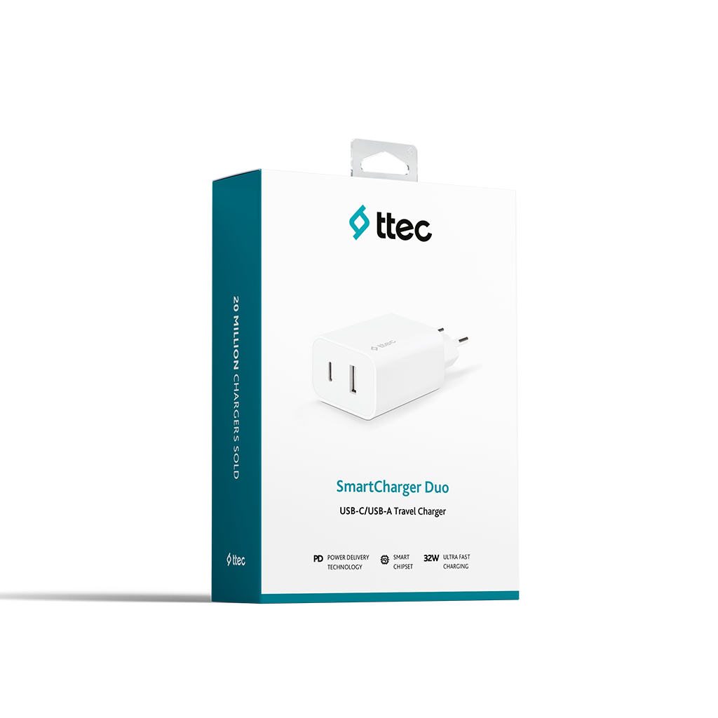 Адаптер ttec SmartCharger Duo PD Travel Charger USB C/USB A 32W/Бял ...