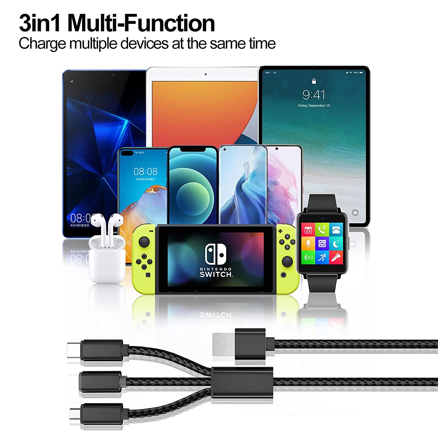Кабел за данни 3n1 Hodiy Найлон Бързо зареждане Usb C Lightning