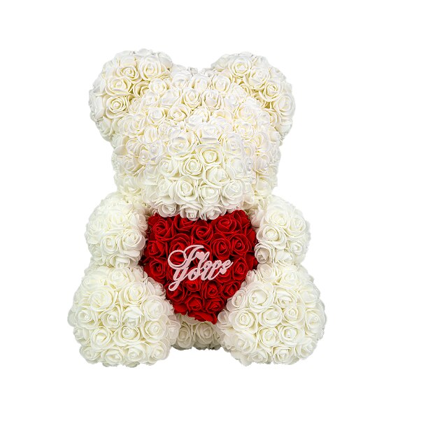 Ursulet din trandafiri, cu inima rosie decorat manual, alb/rosu, 40 cm ...