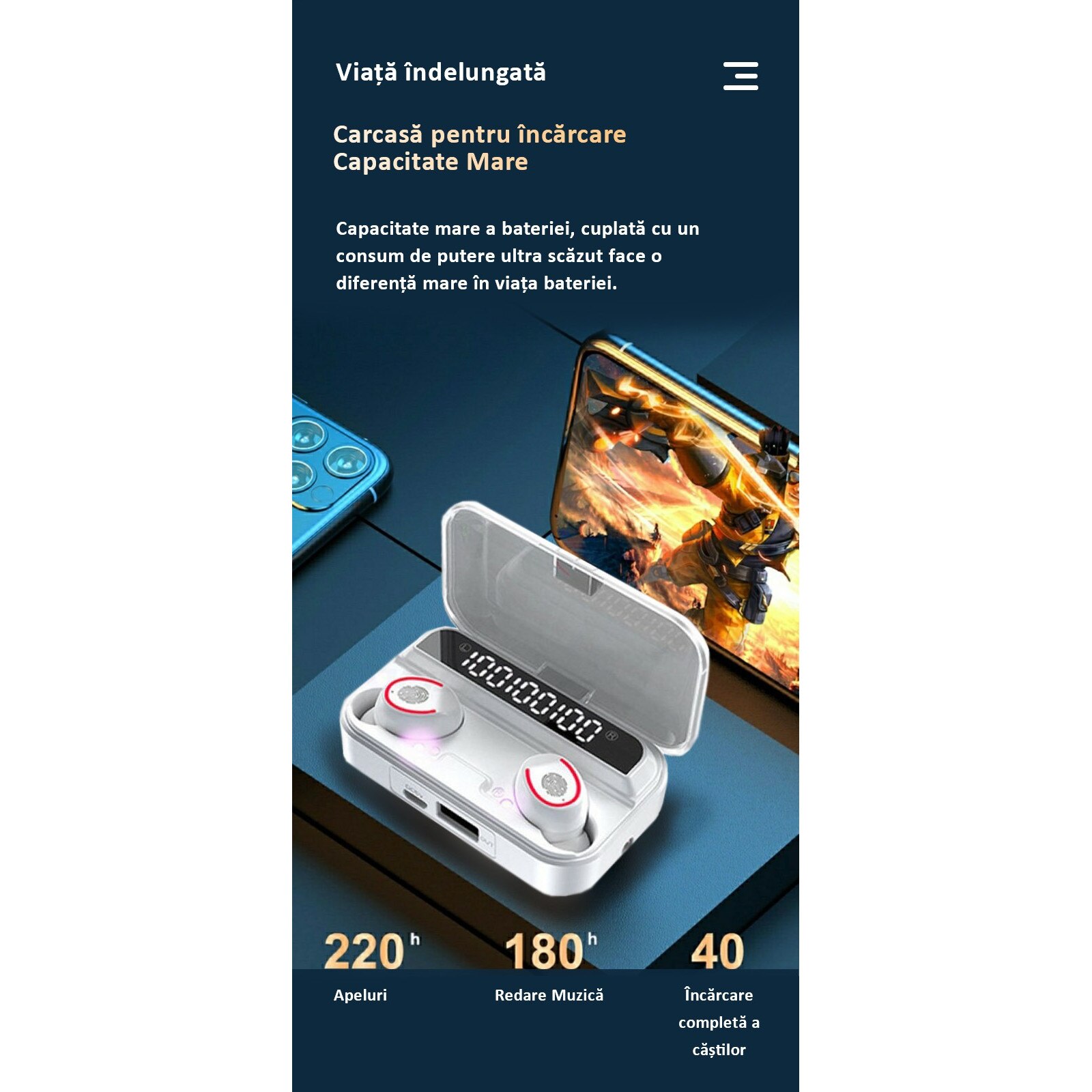 Casti wireless, Impermeabile, Stereo, Control prin atingere, Anulare ...