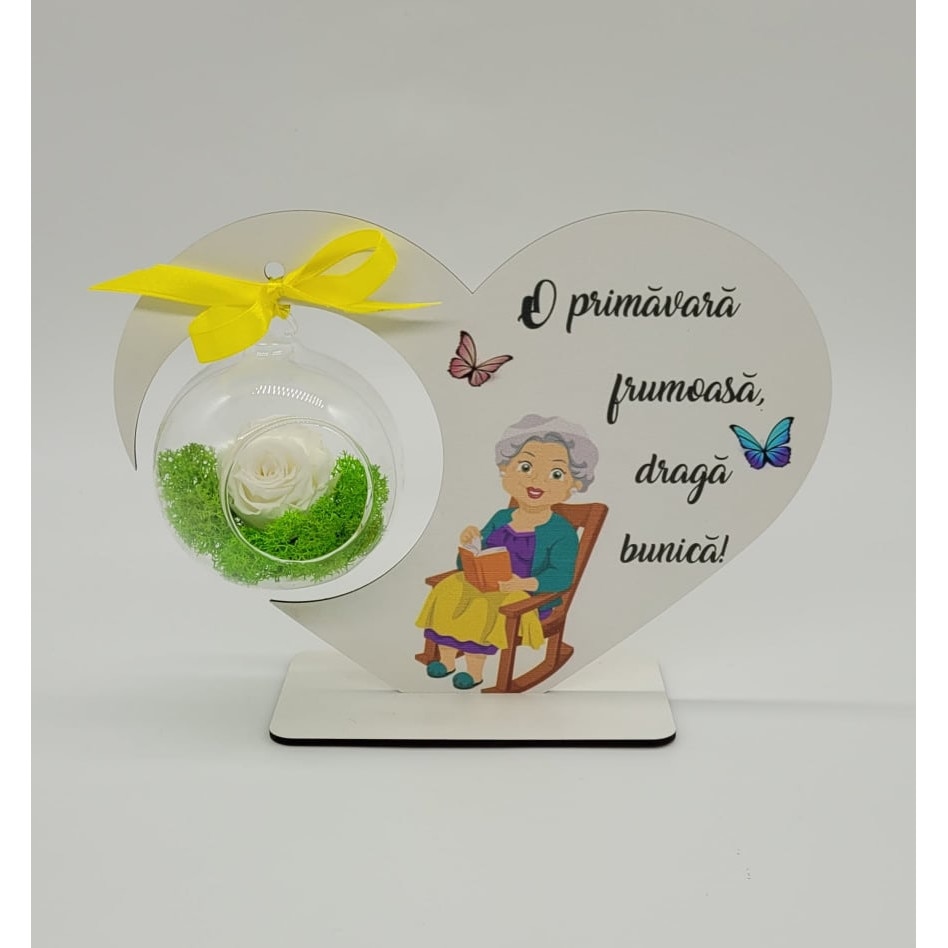 Trofeu inima pentru bunica cu glob si trandafir criogenat alb,23x17 cm ...