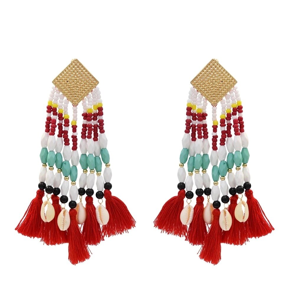 Cercei aurii, stil african, cu margelute si ciucuri rosii, Fabiana C14 ...