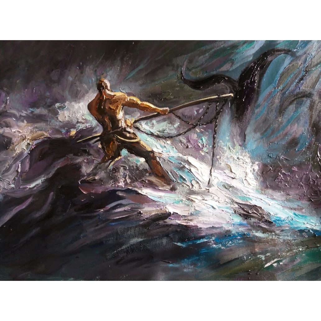 Tablou pictat manual in cutit mitologie ulei pe panza, Pictura peisaj ...