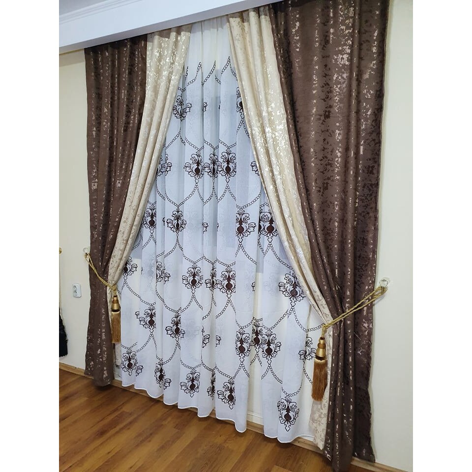 Set draperie jacquard bej, auriu 2 x 150 cm si perdea 1 x 400cm, inn67 ...