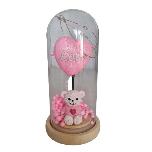 Decoratiune Ursulet si inimioara, cu luminite, sub cupola de sticla ...