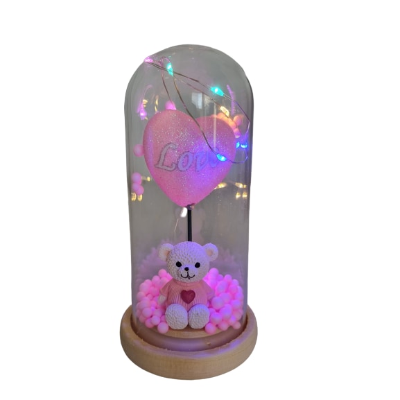 Decoratiune Ursulet si inimioara, cu luminite, sub cupola de sticla ...