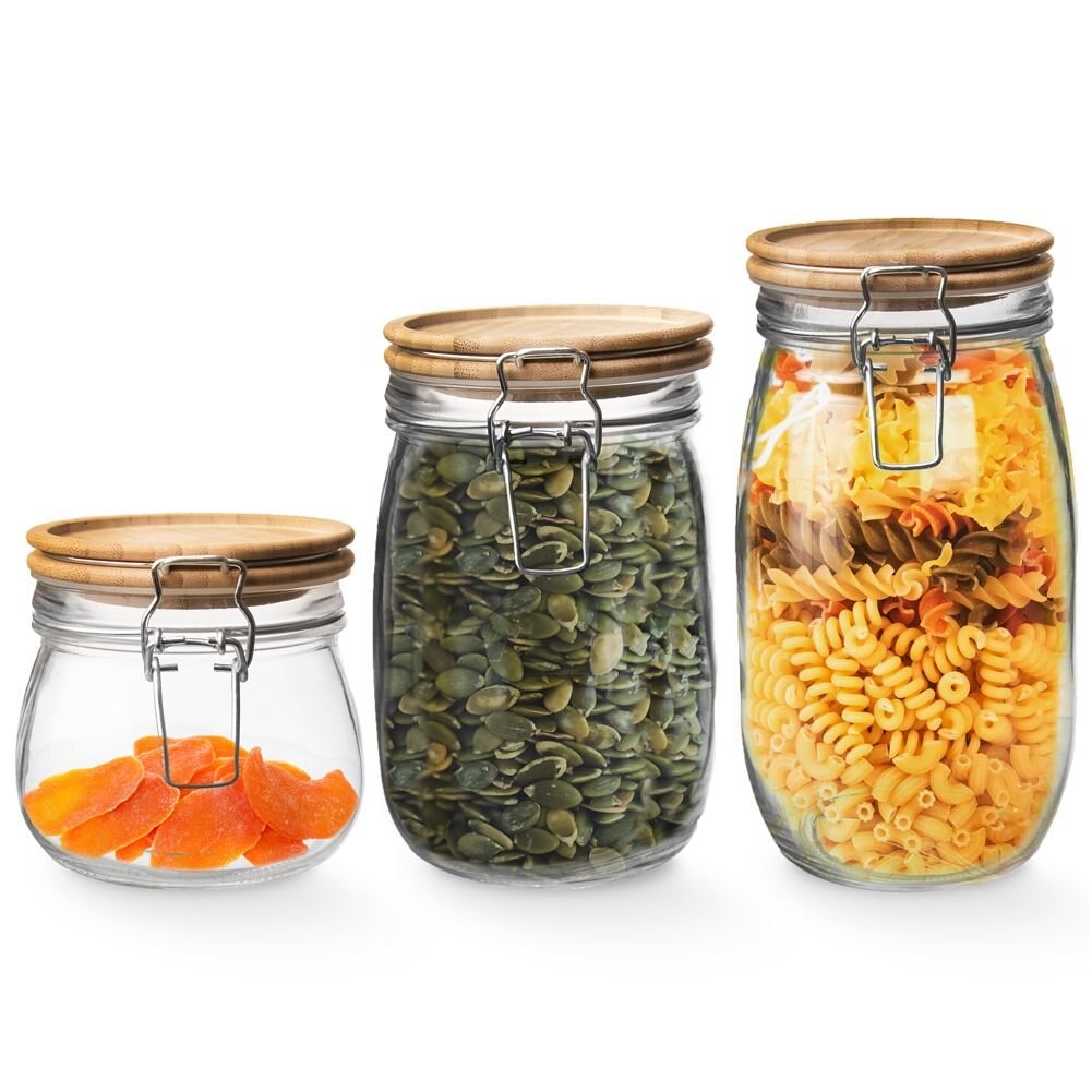 Set 3 borcane Orion, Sticla, Capac din bambus, Transparent - eMAG.ro