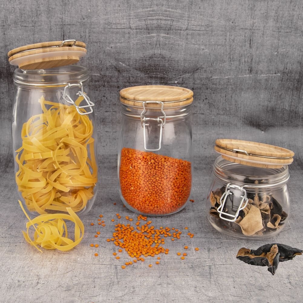 Set 3 borcane Orion, Sticla, Capac din bambus, Transparent - eMAG.ro