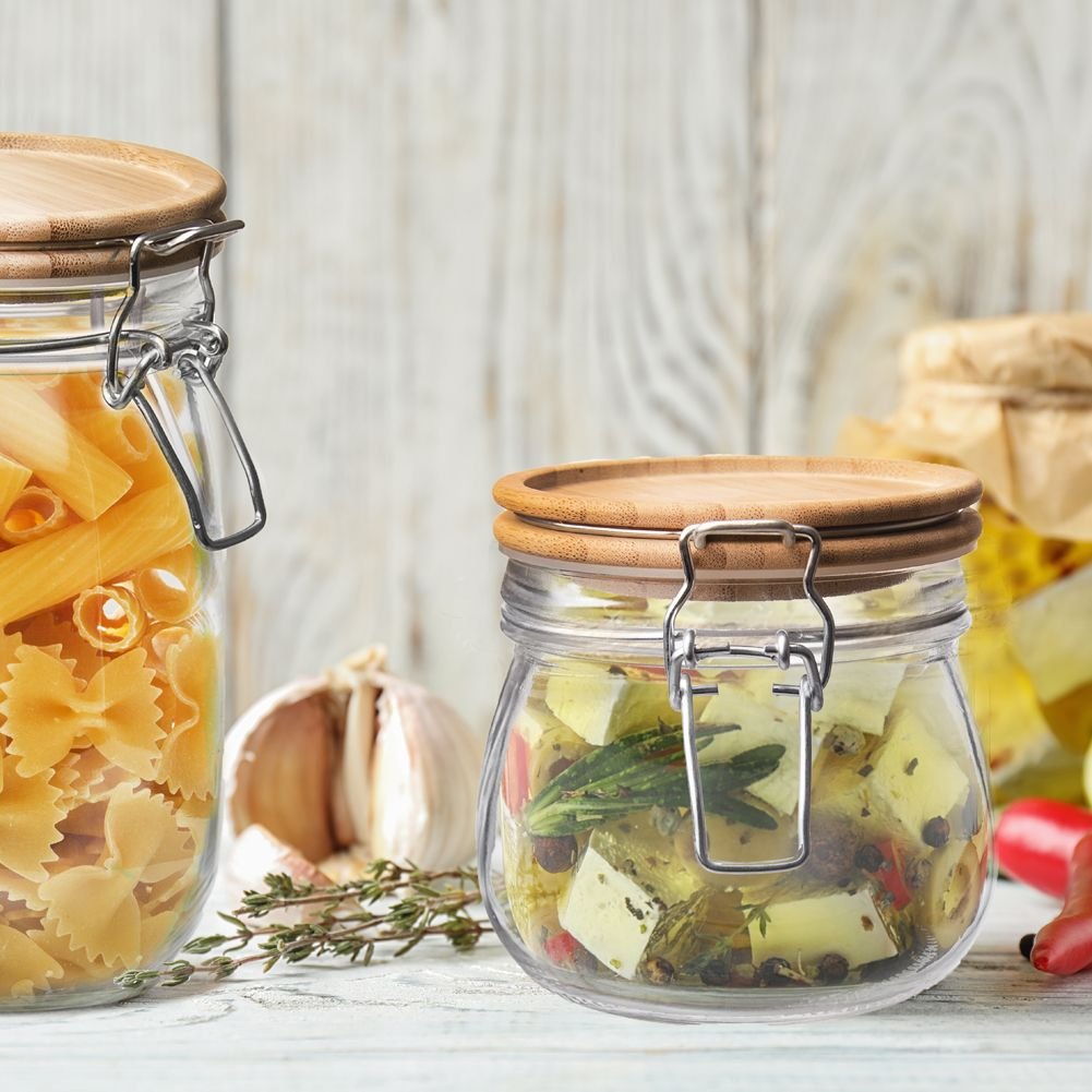 Set 3 borcane Orion, Sticla, Capac din bambus, Transparent - eMAG.ro