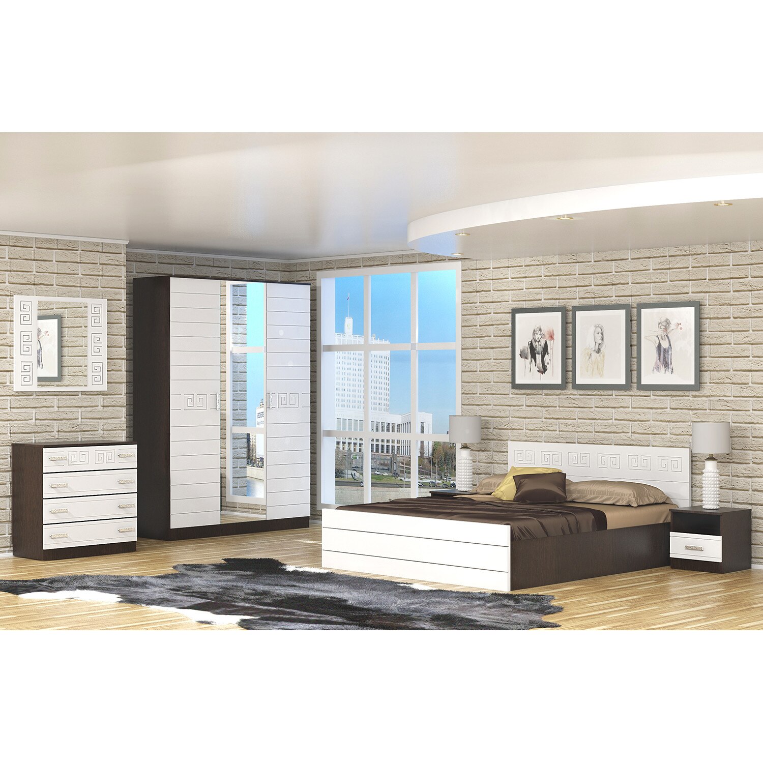 Set mobila dormitor Athena MDF, Alb si wenge 150 x 212 x 47 cm - eMAG.ro