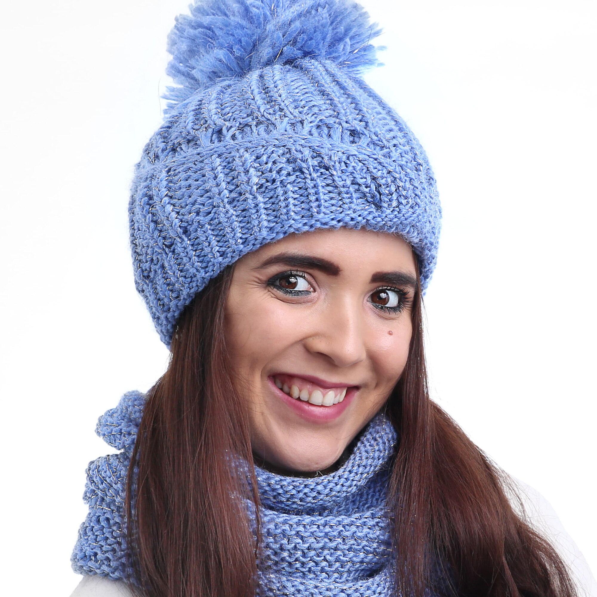 Set tricotat cu caciula si fular, Nandy, albastru, marime universala ...