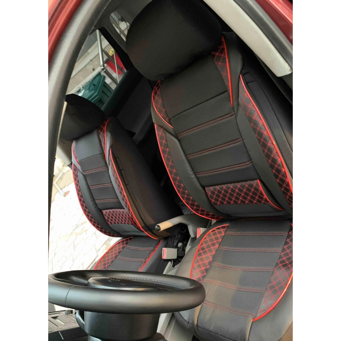 Set Huse Auto Premium, Eco piele si textil, 12 piese, Negru/Rosu - eMAG.ro