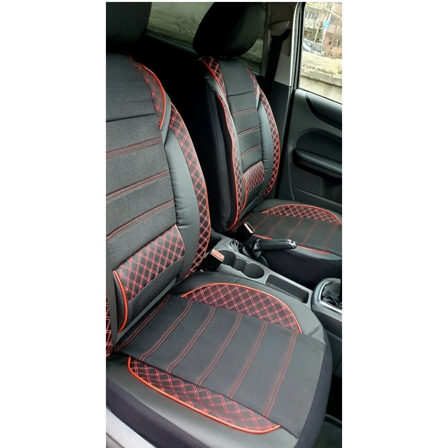 Set Huse Auto Premium, Eco piele si textil, 12 piese, Negru/Rosu - eMAG.ro