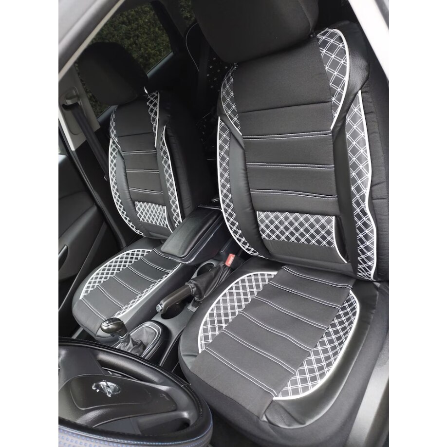 Set Huse Auto Premium, Eco piele si textil, 12 piese, Negru/Alb - eMAG.ro