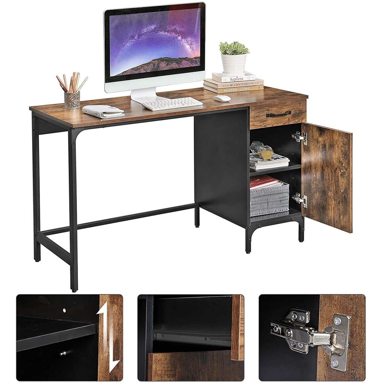 Birou Vasagle, 130 x 55 x 75 cm, otel/PAL, maro rustic - eMAG.ro