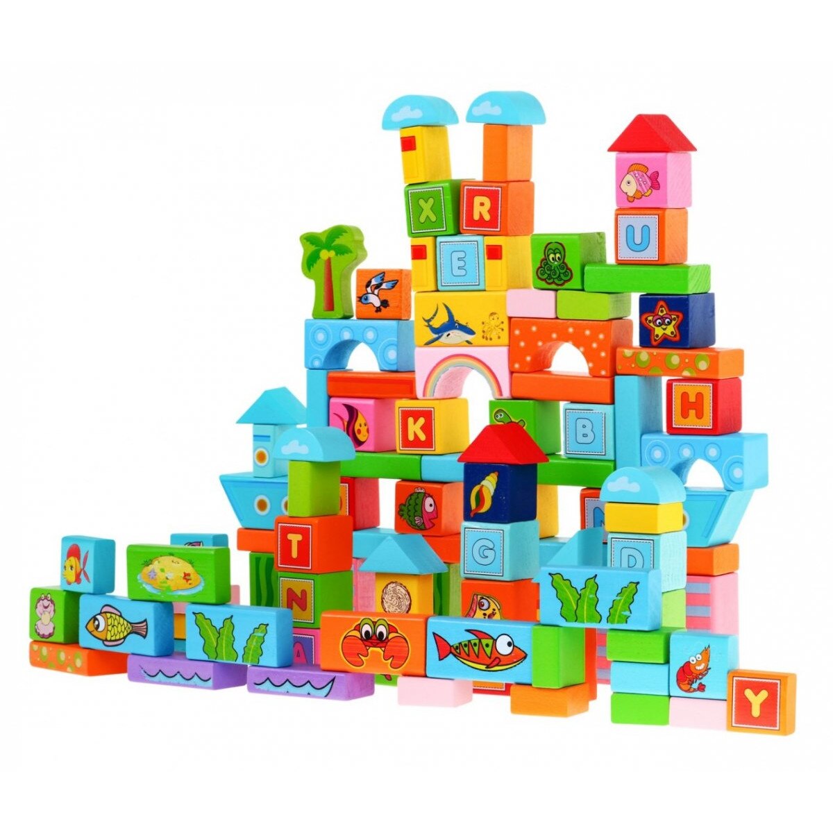 Set cuburi de construit din lemn, 100 piese, Ocean Blocks, Beilaluna ...