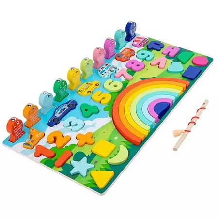 Joc educativ din lemn 5 in 1, curcubeu, vehicule, cifre, forme ...
