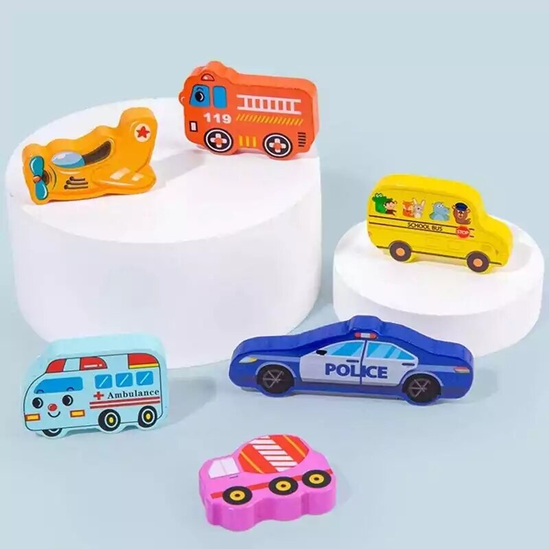 Joc educativ din lemn 5 in 1, curcubeu, vehicule, cifre, forme ...