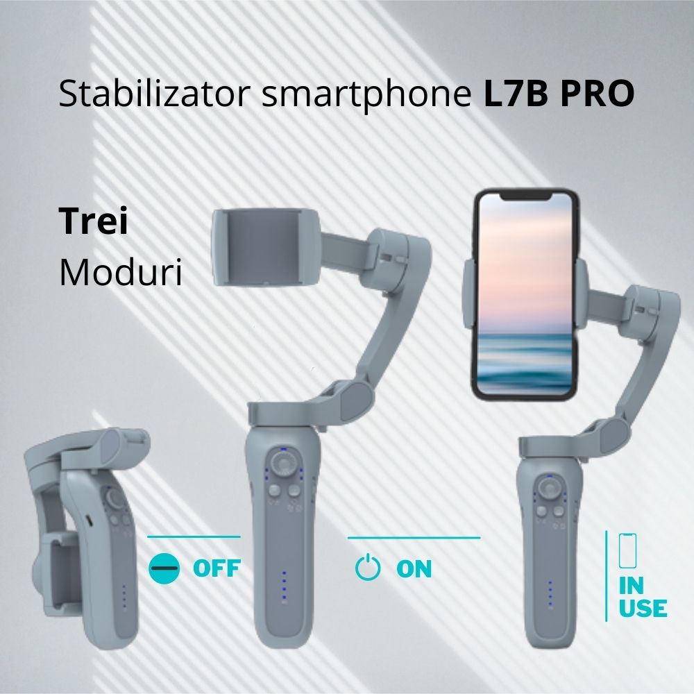 Stabilizator de imagine L7B PRO pentru smartphone, gimbal cu 3 Axe, Trepied, Aplicatie, Gri ...