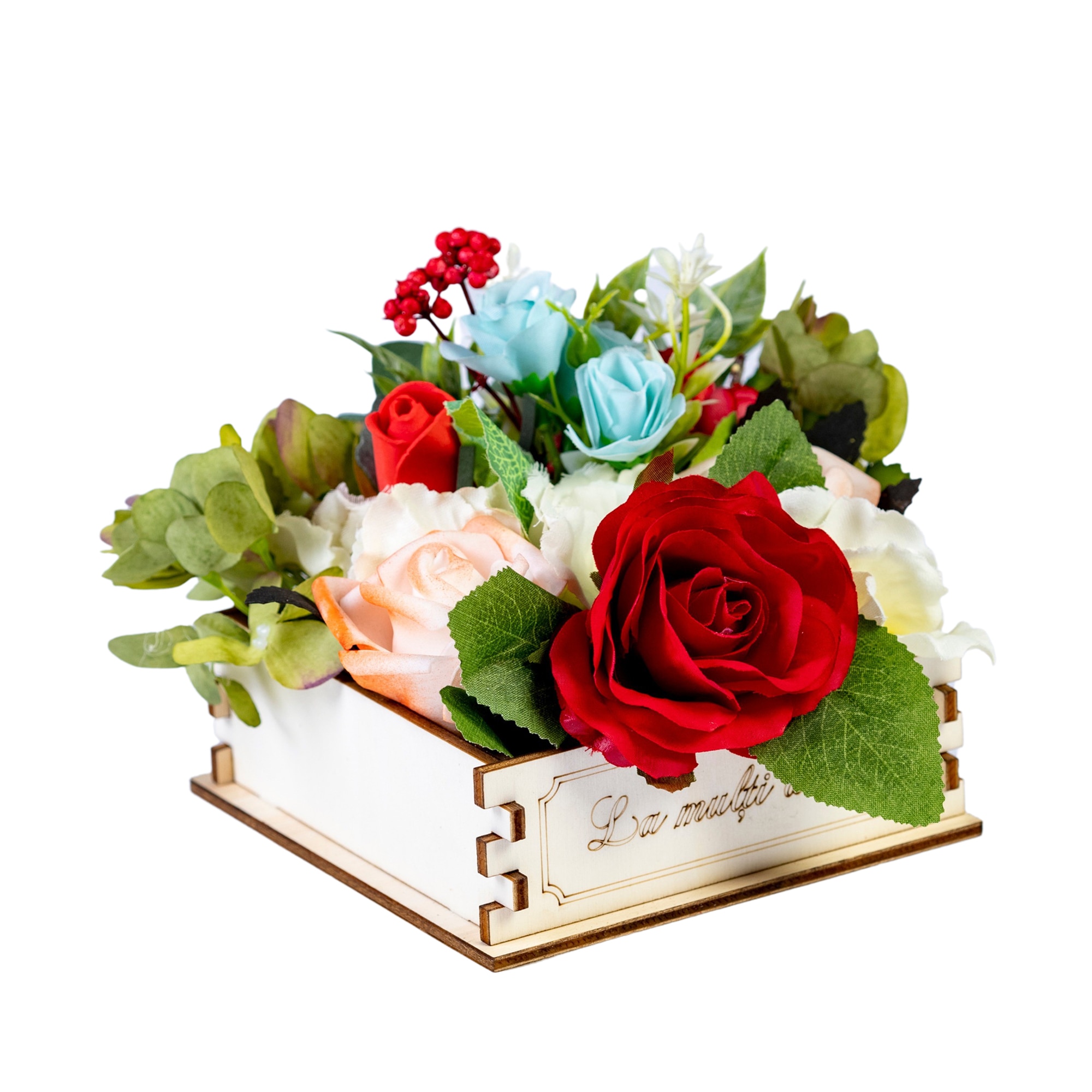 Aranjament floral, cutie mica, flori din bumbac si flori artificiale ...