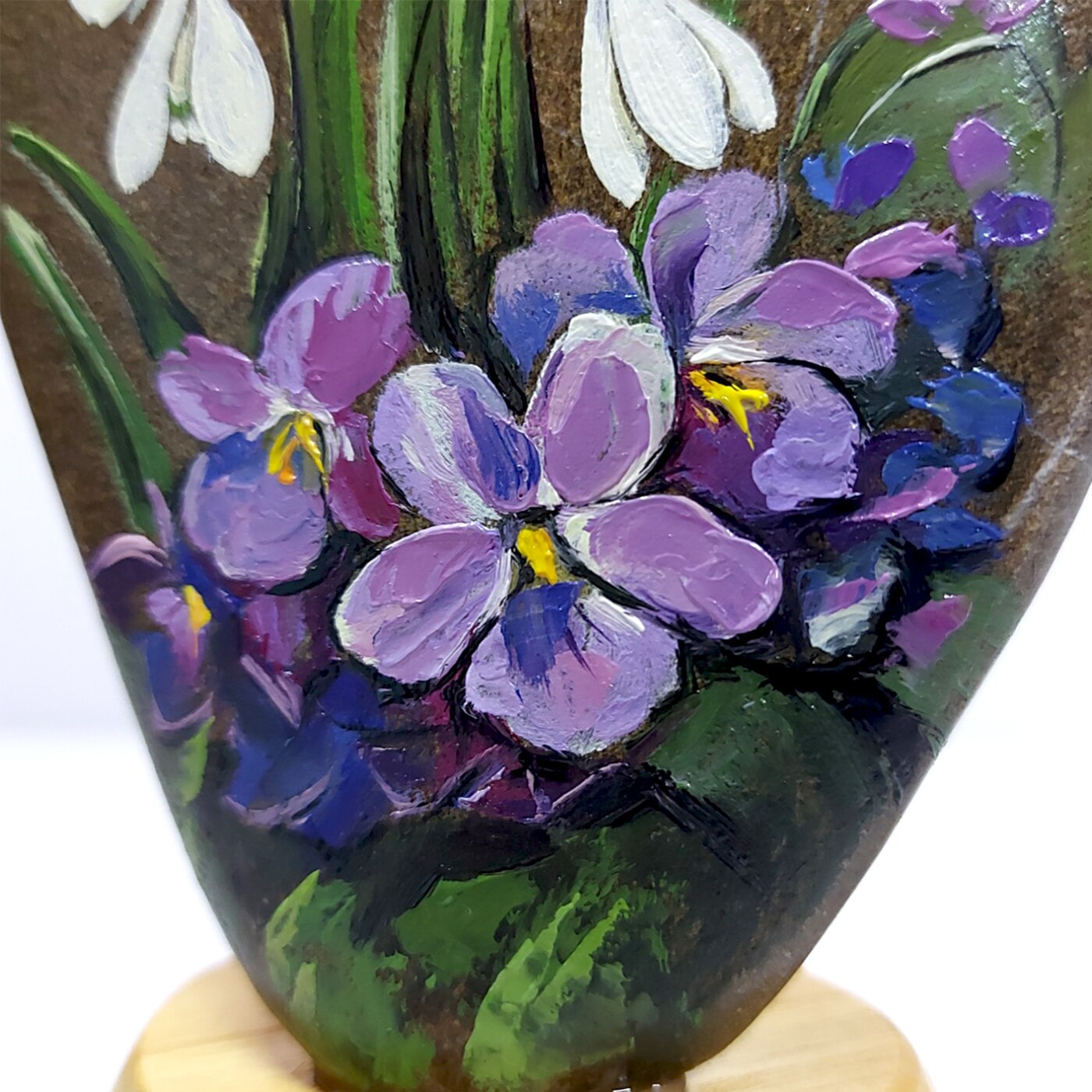 Decoratiune ArtDeco Ghiocei cu toporasi, pictura in ulei pe piatra de ...