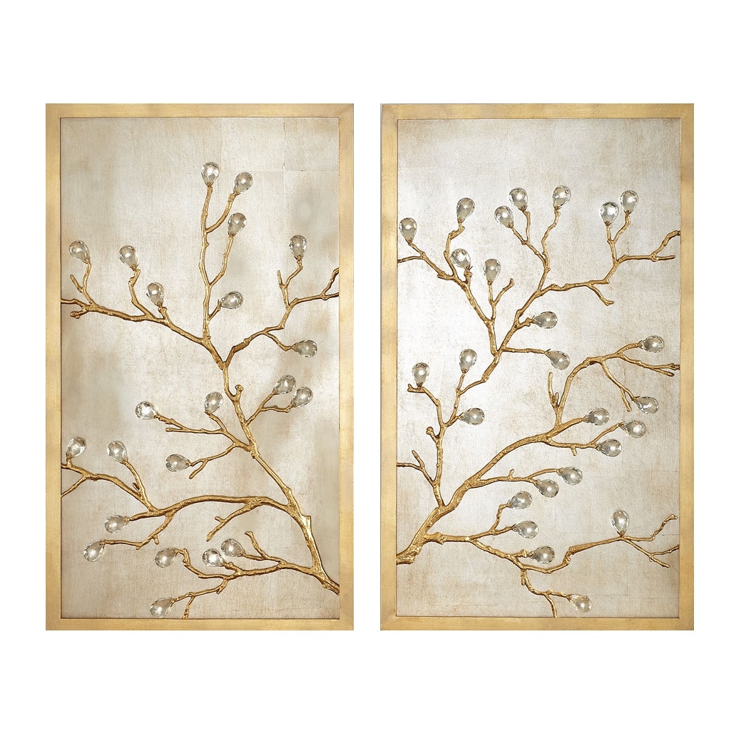 Set 2x Tablou pictat manual Cu Copaci Ramuri Inmugurite si Foita de aur ...