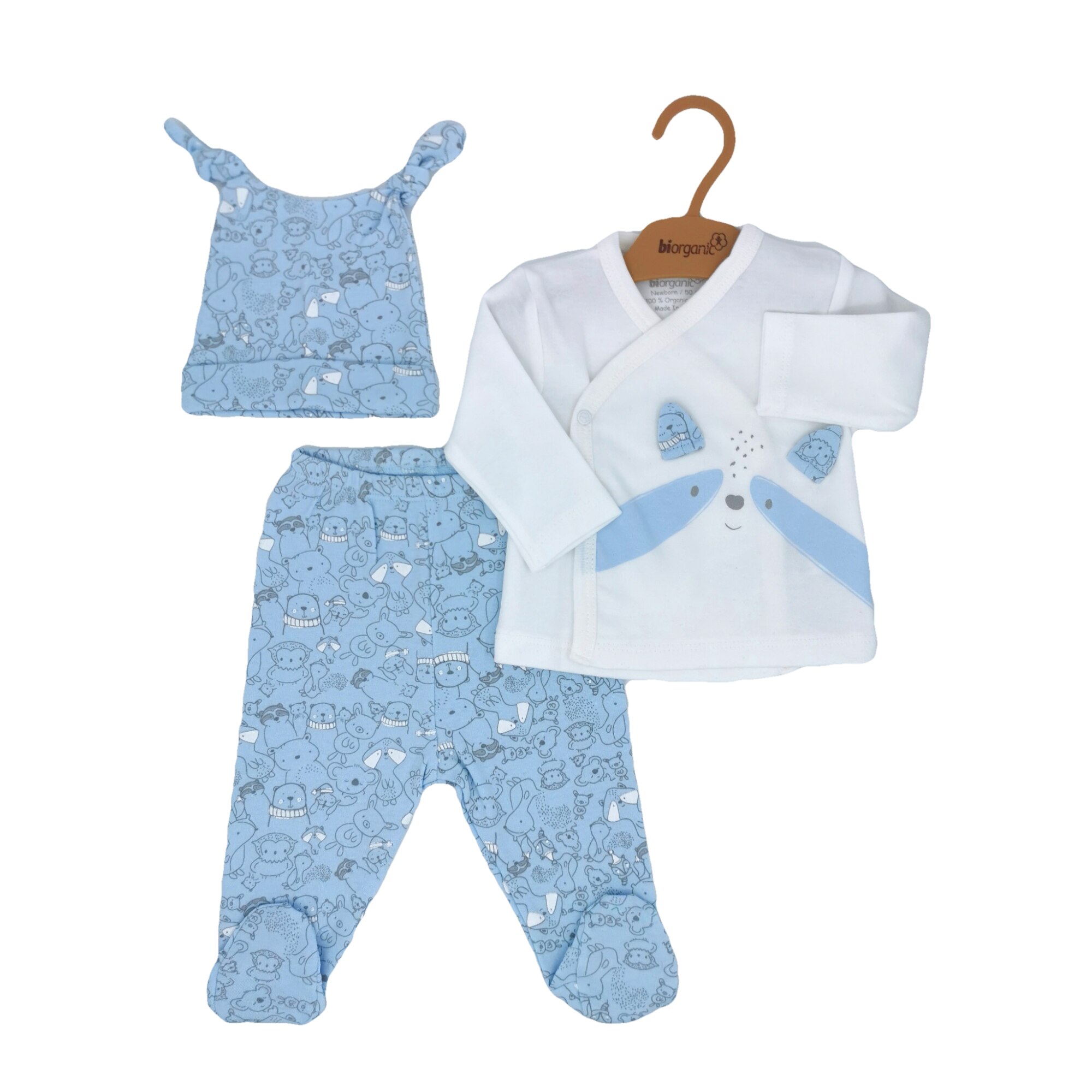 Set Nou-Nascut din bumbac organic, alb/albastru, 50 cm - eMAG.ro