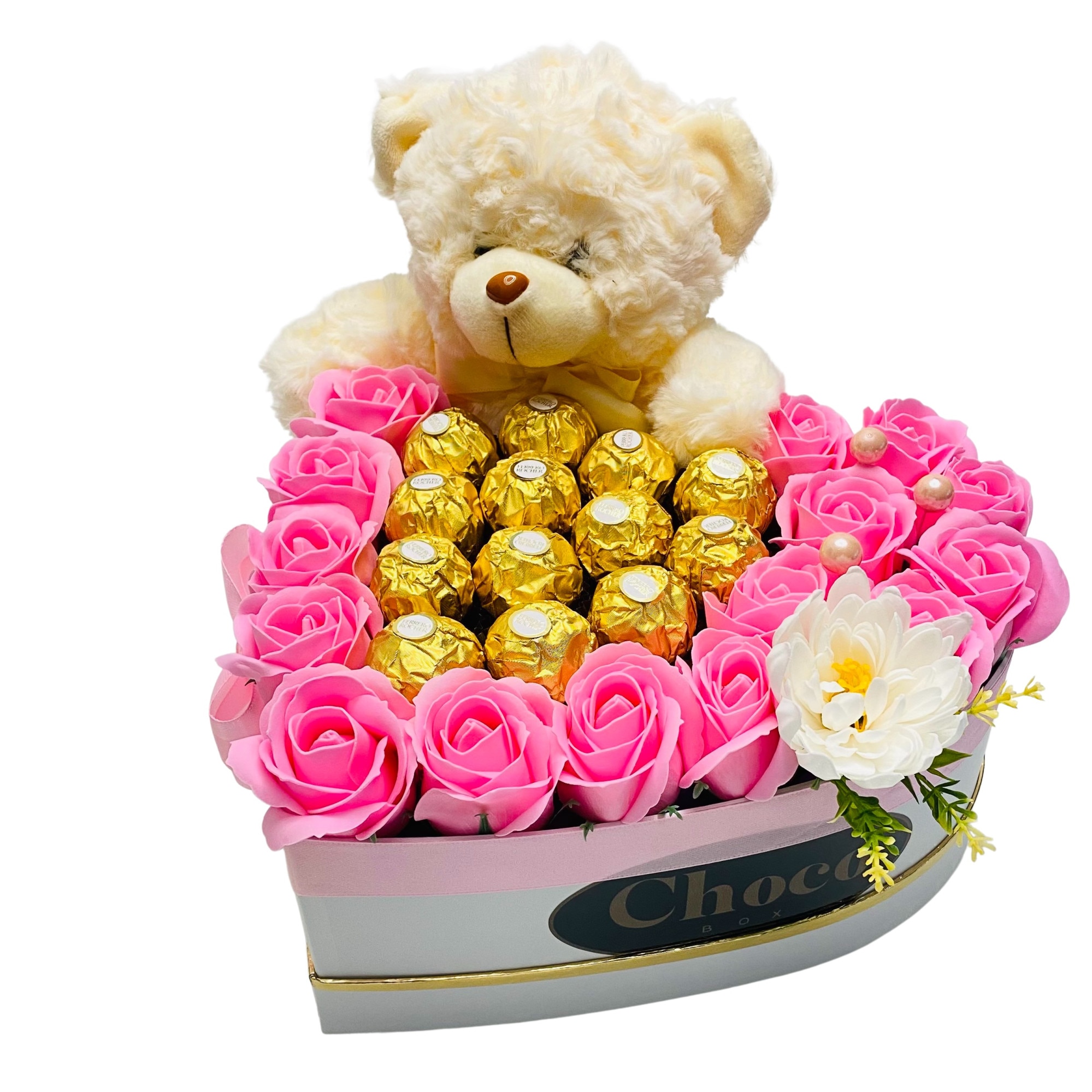 Chocobox díszdoboz, rózsák, Ferrero Rocher praliné, léggömb, üdvözlőlap ...