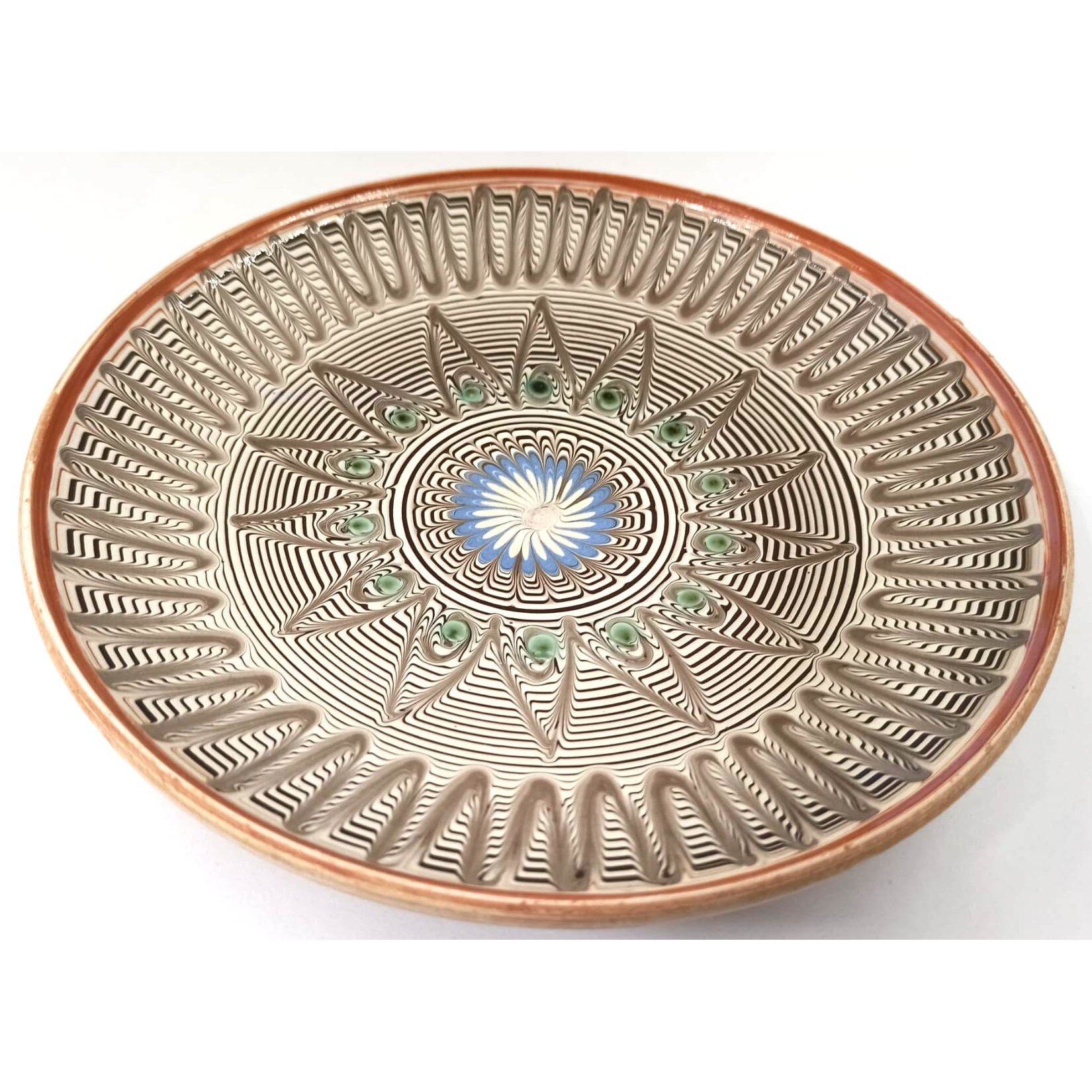 Platou din ceramica, decor traditional Horezu, model floare, diametru ...
