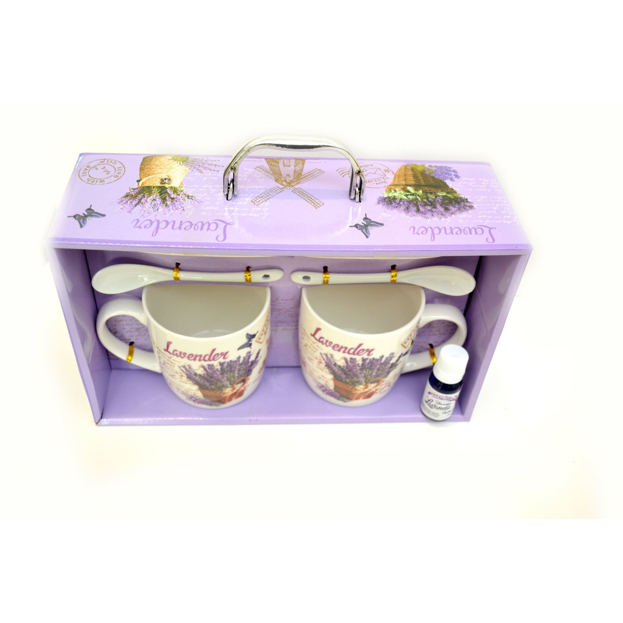 Set cadou ulei esential de lavanda si 2 cani cu lingurita si farfuriuta ...