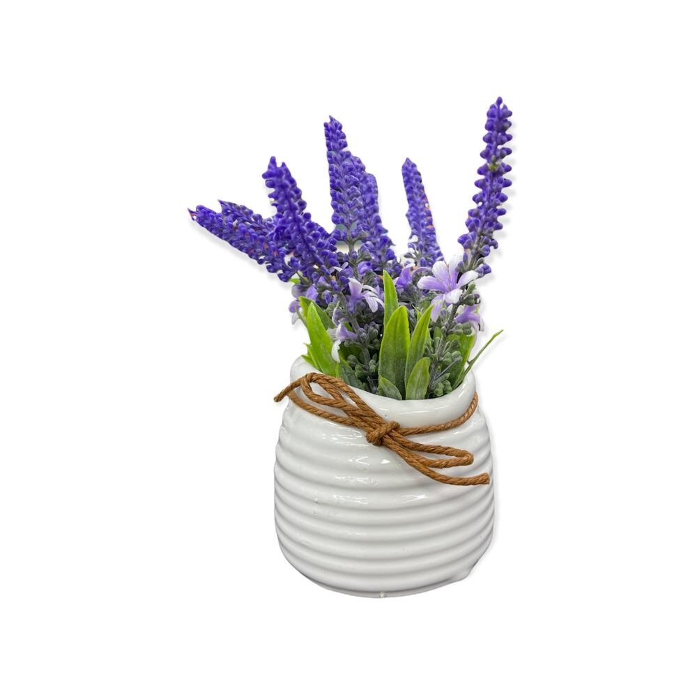 Ghiveci ceramic rotund, snur canepa cu planta artificiala, flori mov,18 ...