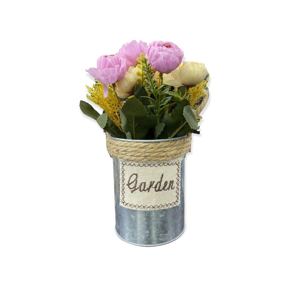 Ghiveci metal, snur canepa, cu planta artificiala, flori mov,22 cm ...